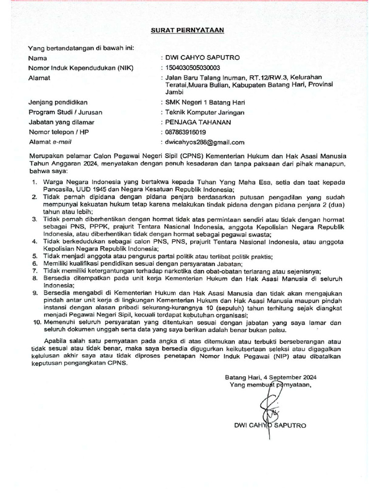 Surat pernyataan Dwi Cahyo Saputro | PDF