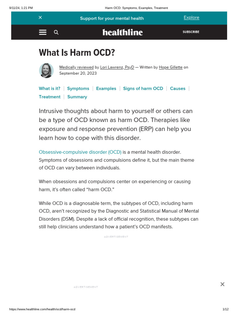 Harm OCD - Symptoms, Examples, Treatment | PDF
