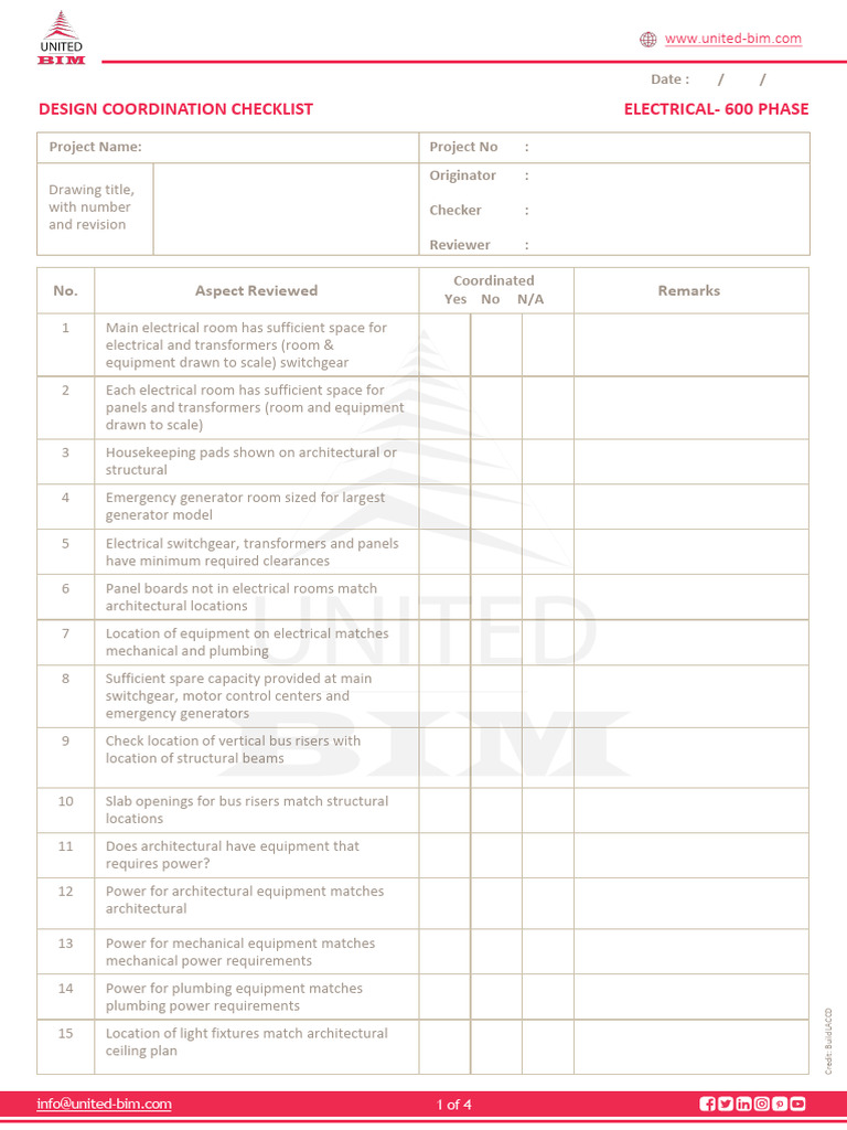 Design Coordination Checklist Electrical-600 Phase: No. Aspect Reviewed ...