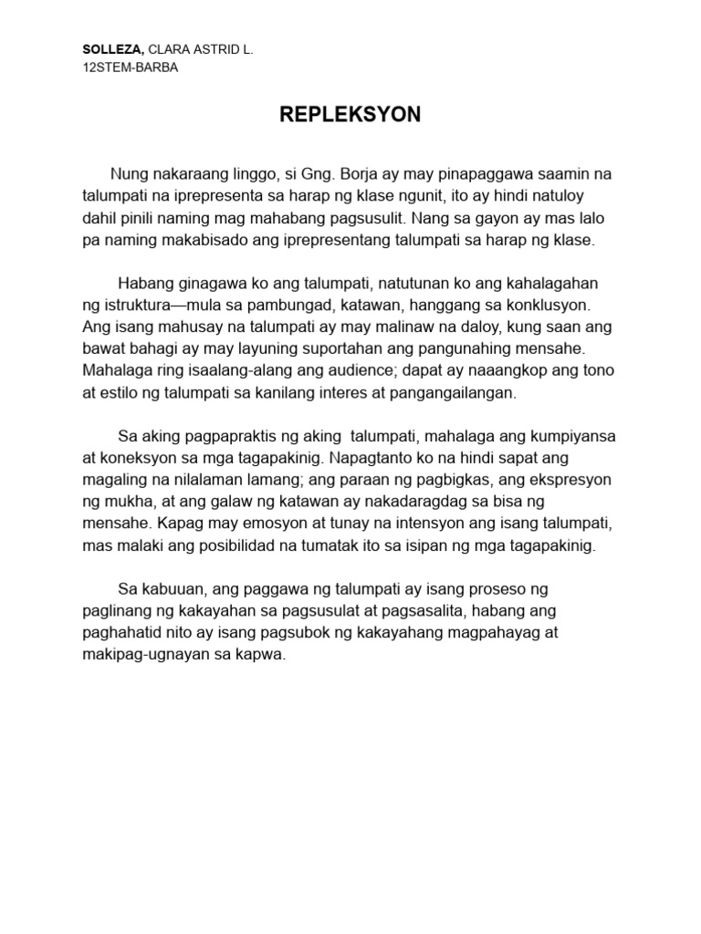 Repleksyon sa talumpati | PDF