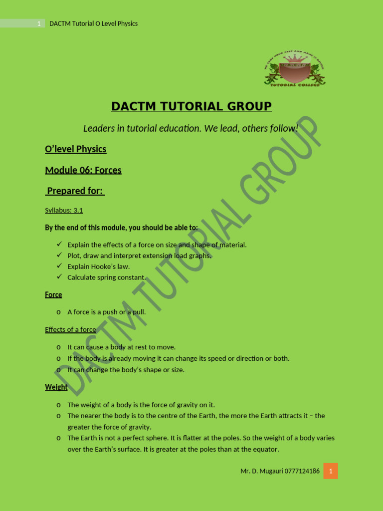 Module 06 Physics Effects Of Force Hooke S Law Pdf