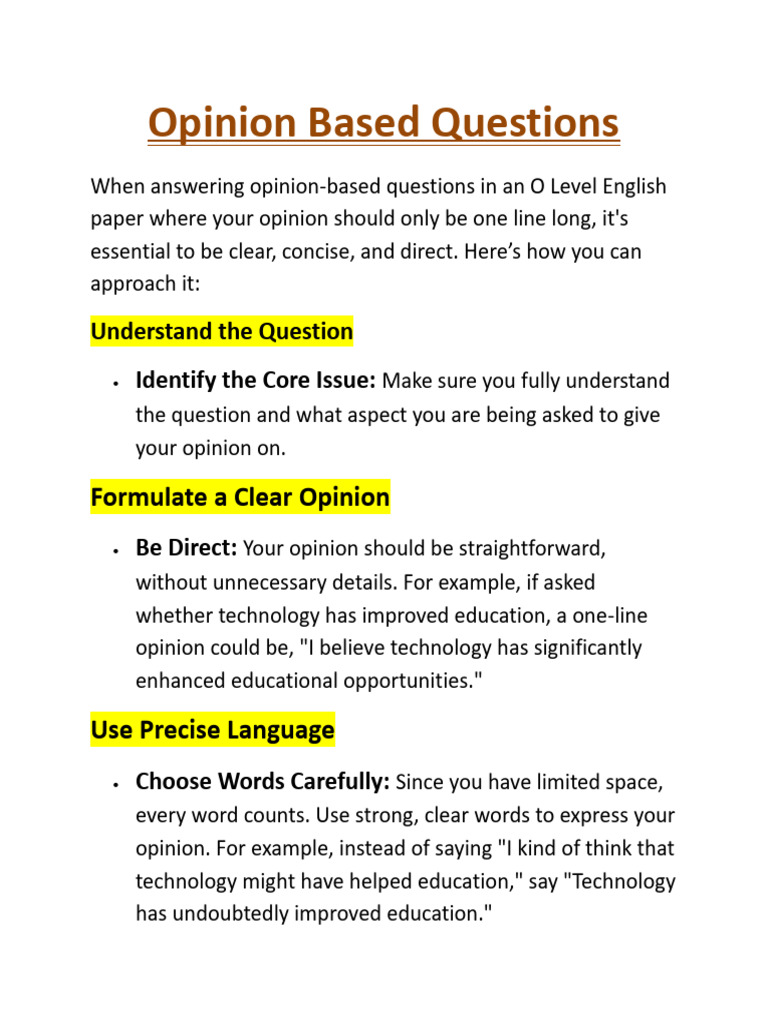 Opinion Based Questions O Level English | PDF