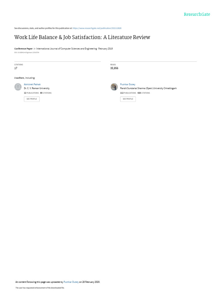 Work Life Balance Job Satisfaction A Literature Re | PDF