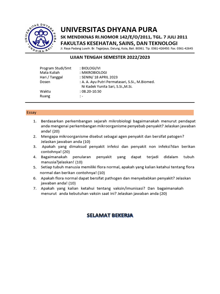SOAL UTS MIKROBIOLOGI MEDIS | PDF