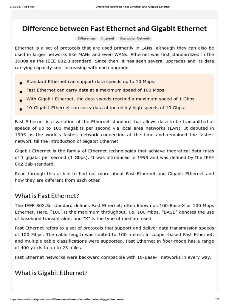 Difference Between Fast Ethernet And Gigabit Ethernet Pdf
