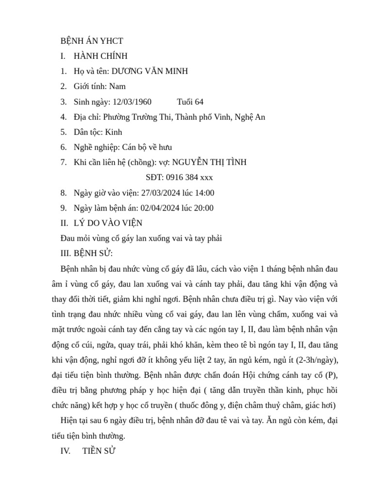 Bệnh Án Yhct (Thi) | PDF
