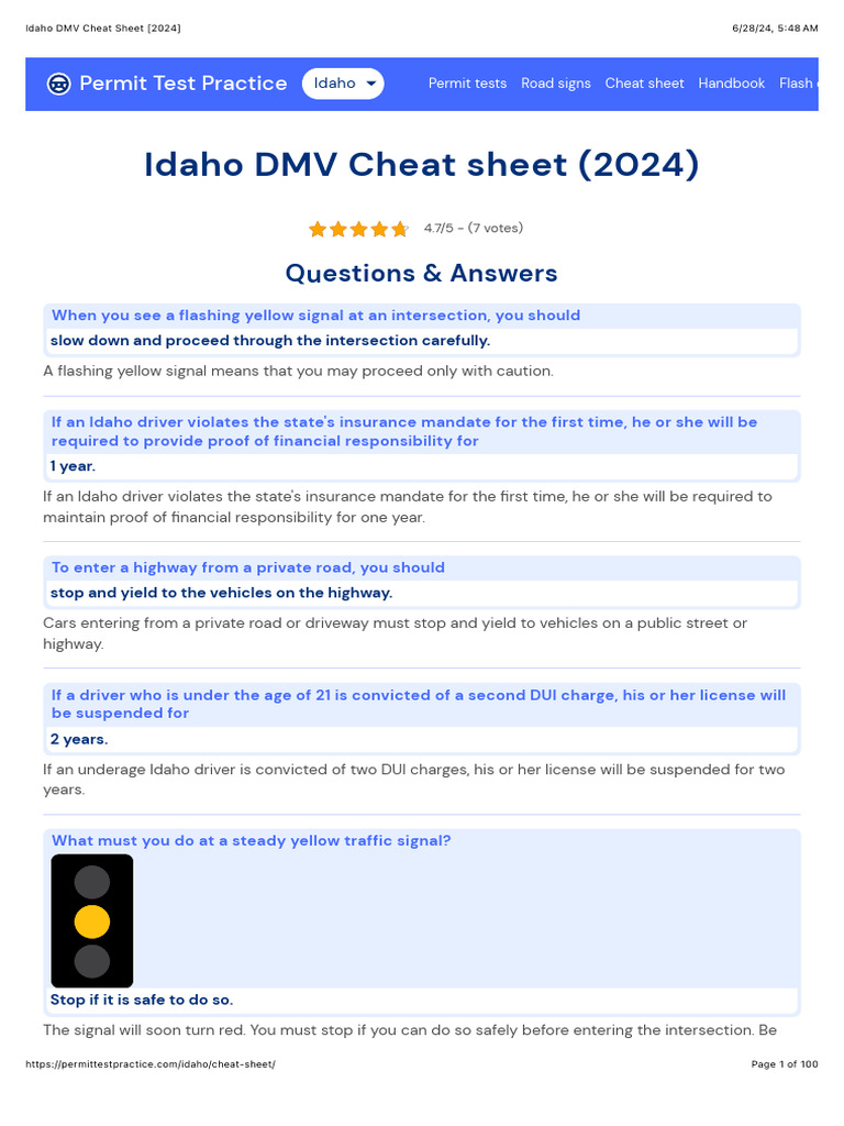 Idaho DMV Cheat Sheet (2024) | PDF