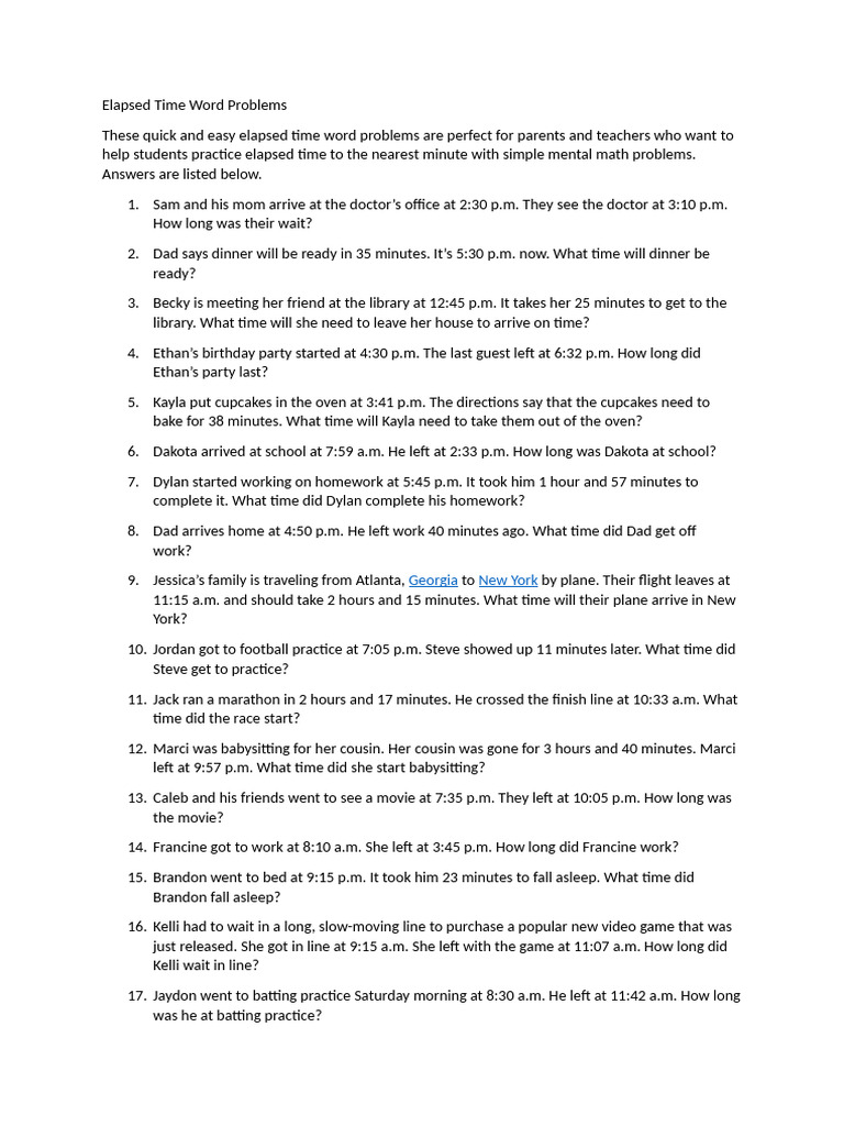Elapsed Time Word Problems Questions | PDF