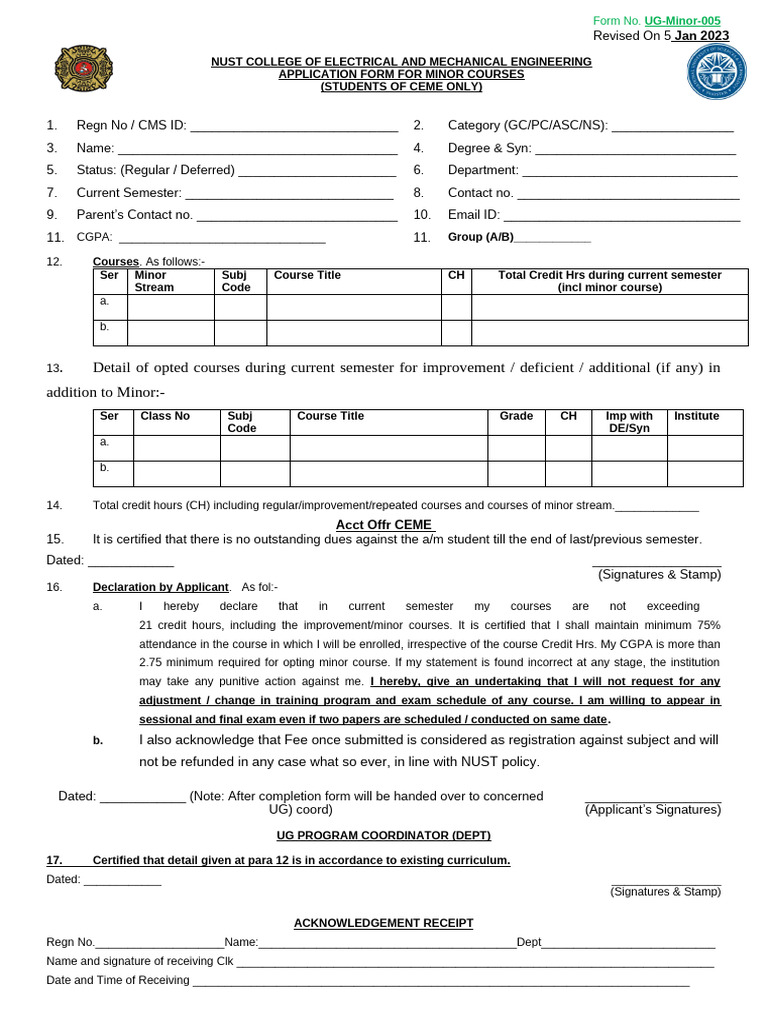 Application Form For Minors Course | PDF
