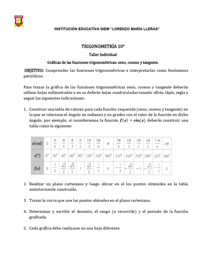 Taller Grafica Funciones Trigonometricas 10° | PDF