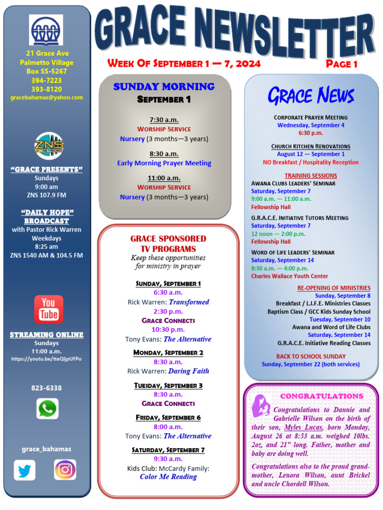 Grace Newsletter - September 1 - 7 | PDF | Worship | Protestantism