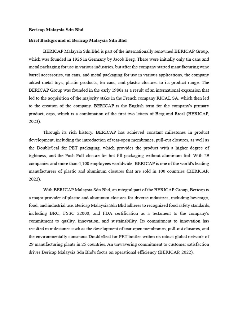 Bericap Malaysia SDN BHD | PDF