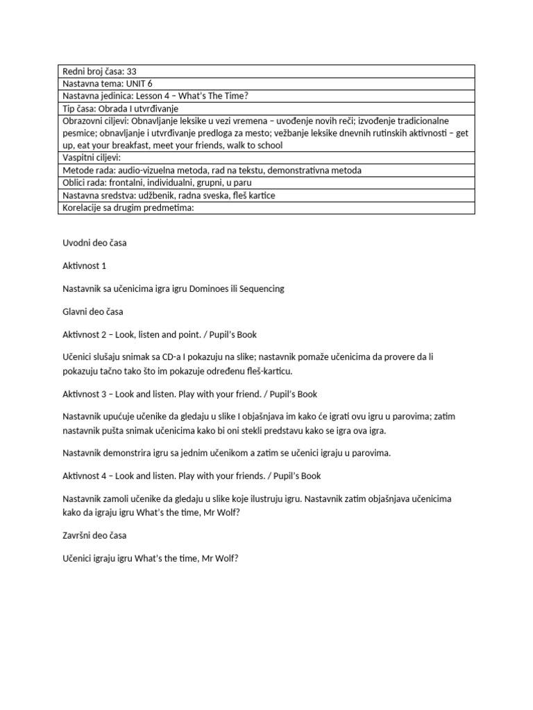 Unit 6 Lesson 4 - What Is The Time | PDF
