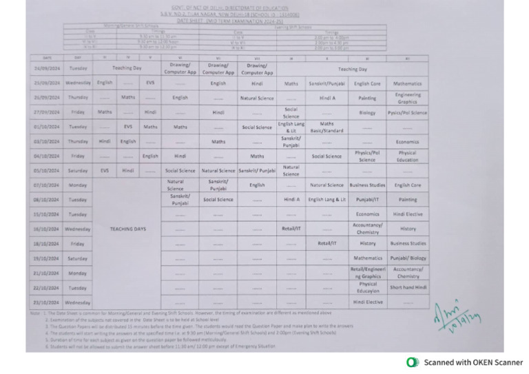 Date Sheet Mid Term Exam 2024-25 | PDF
