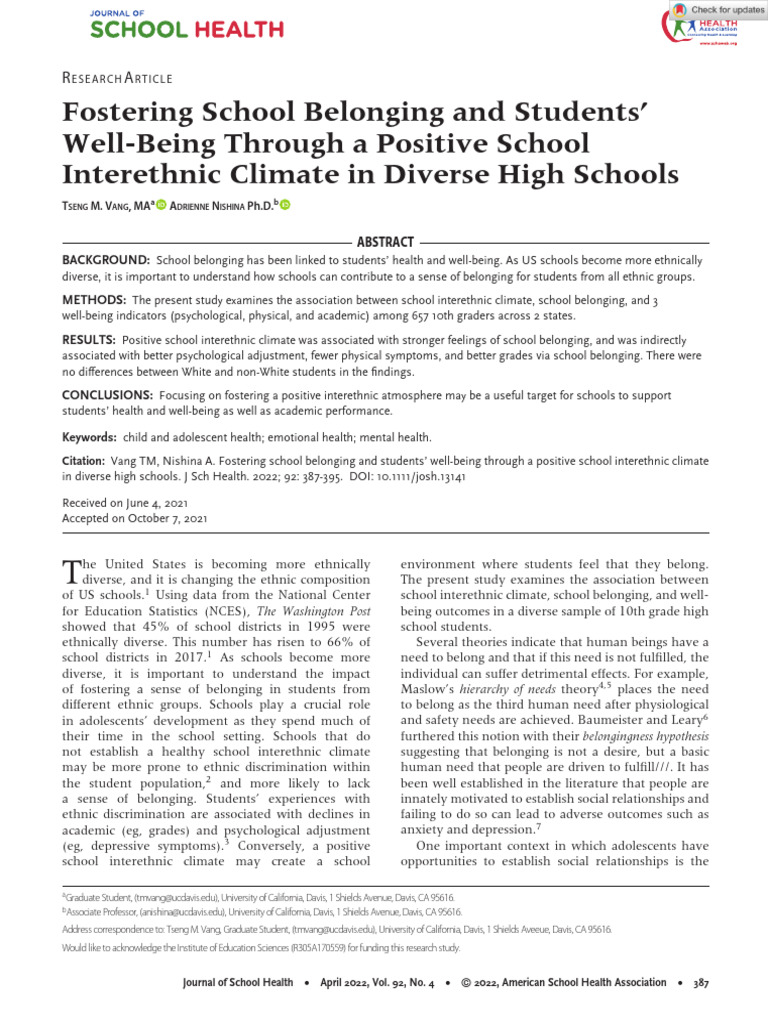 Journal of School Health - 2022 - Vang - Fostering School Belonging and ...