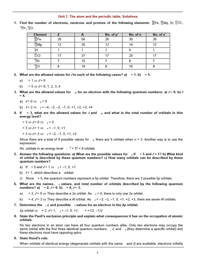 Unit 1 Atom 1º Bto Solutions | PDF