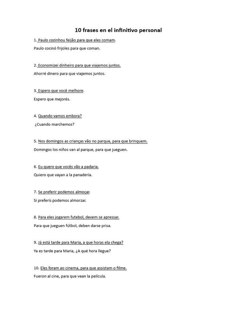 10 Frases en El Infinitivo Personal | PDF