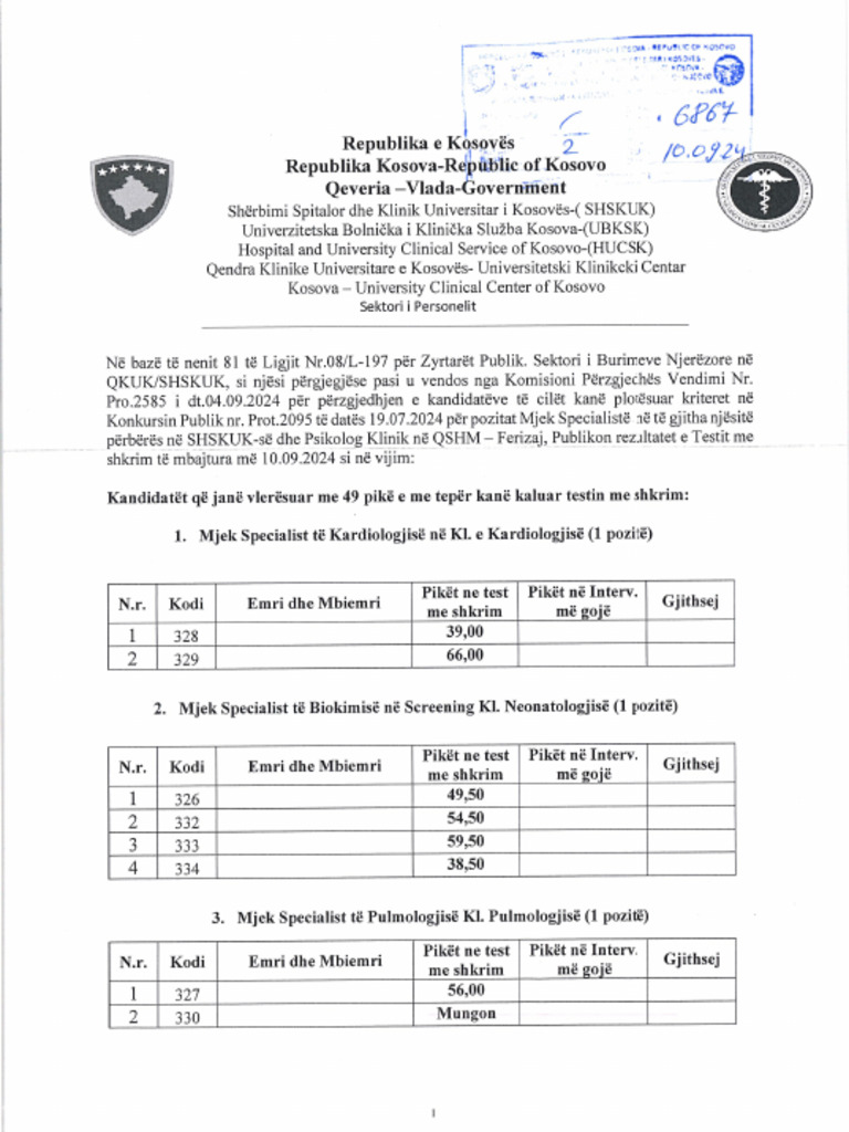 Publikimi I Testit Me Shkrim Për Mjekë Spec. 10.09.2024 | PDF