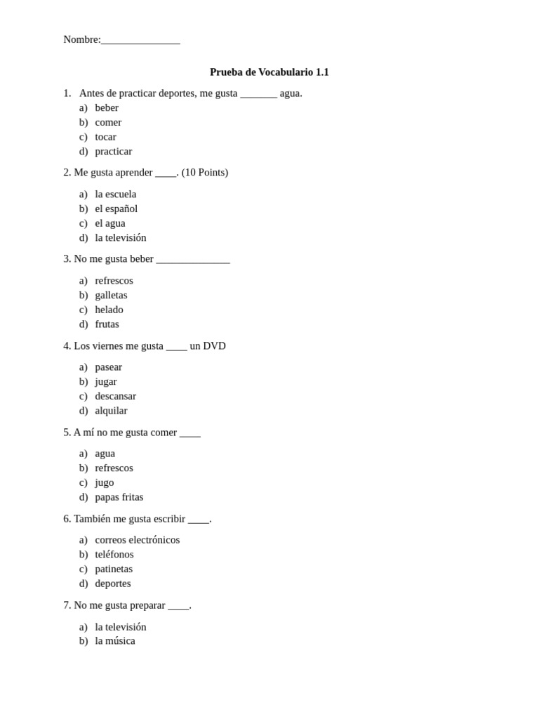 Prueba de Vocabulario 1 | PDF