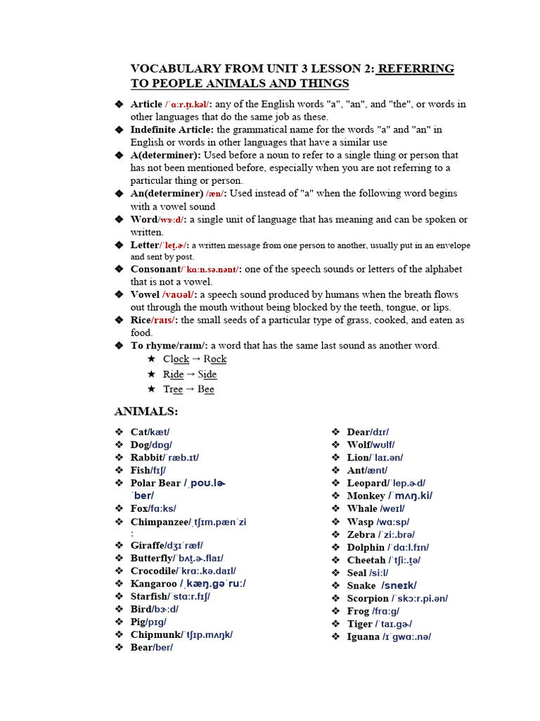 Vocabulary From U3L2 - Referring To People, Animals and Things | PDF