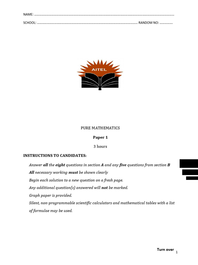 Pure Mathematics Paper 1 A Level Aitel | PDF