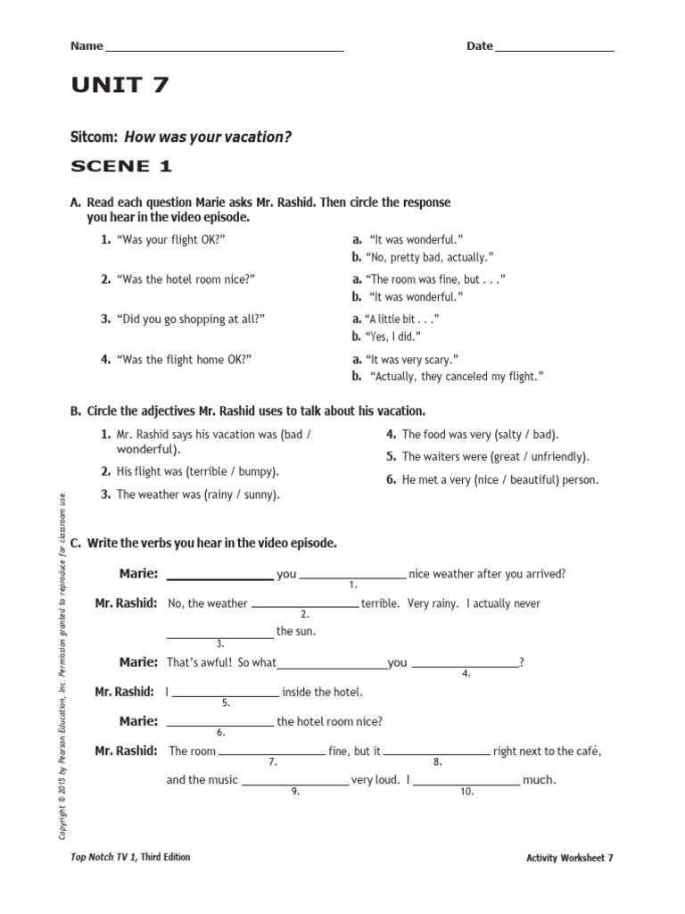 Worksheet How Was Your Vacation | PDF