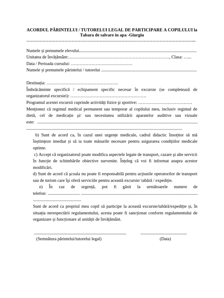 Acord Parinti - Declaratie Elev 2024 Sanitari Priceputi | PDF