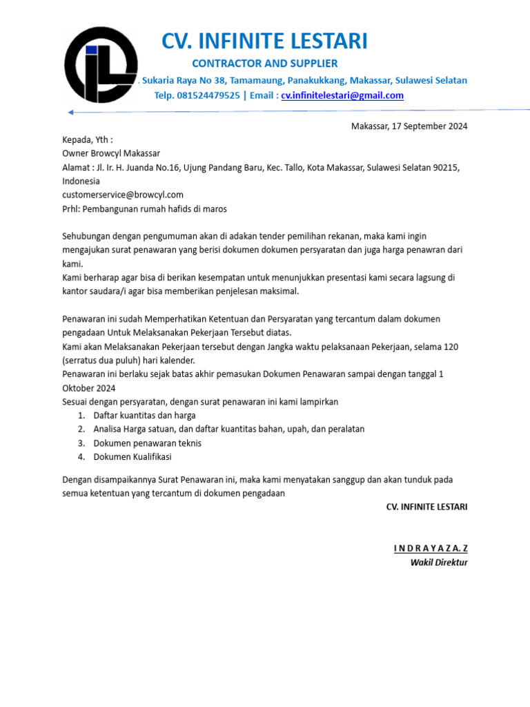 Surat Penawaran Browcyl Infiniti | PDF