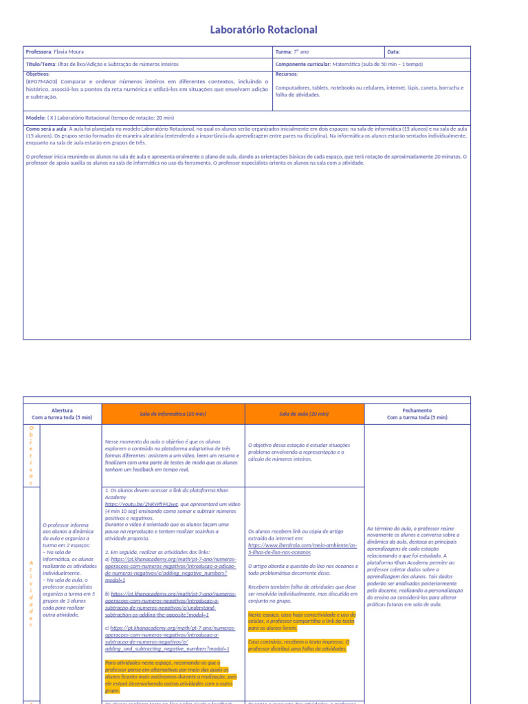 Plano de Aula - MAT - LaboratorioRotacional - Revisado | PDF