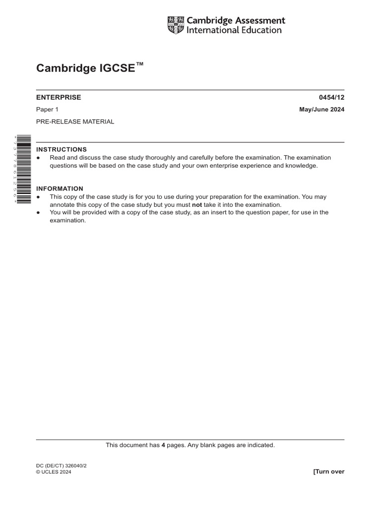 IGCSE Enterprise (0454) - Pre-Release Material (Case Study) - M-J ...