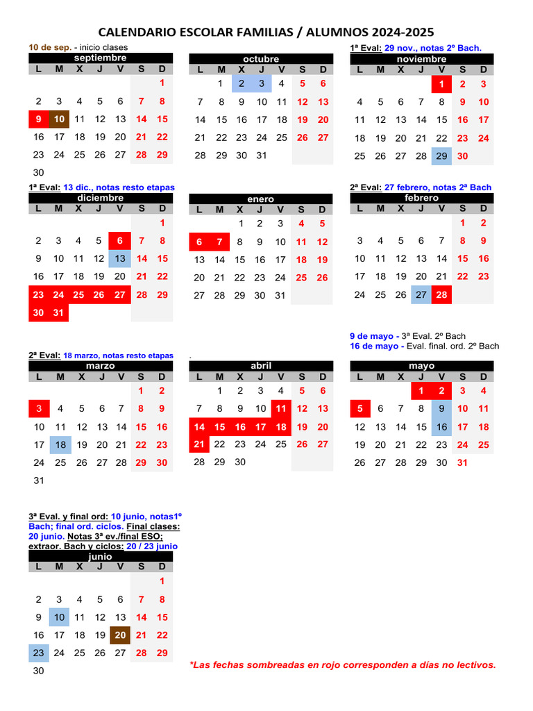 CALENDARIO ESCOLAR 2024-2025 FAMILIASV1 | PDF