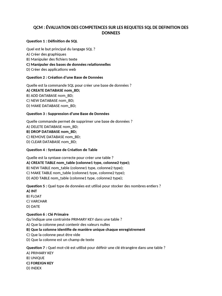 QCM Leçon 16 Les Requetes SQL de Definition Des Donnees | PDF