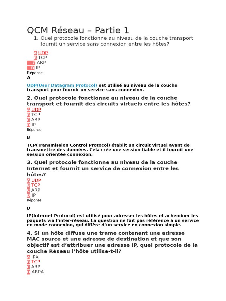 QCM Réseau Partie1 à 10 (Réponses) | PDF