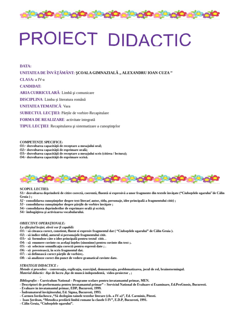 Proiect Didactic Parti de Vorbire Clasa A IV A | PDF