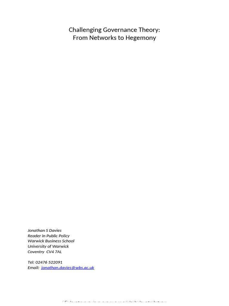 Davies - Challenging Governance Theory From Networks To Hegemony | PDF