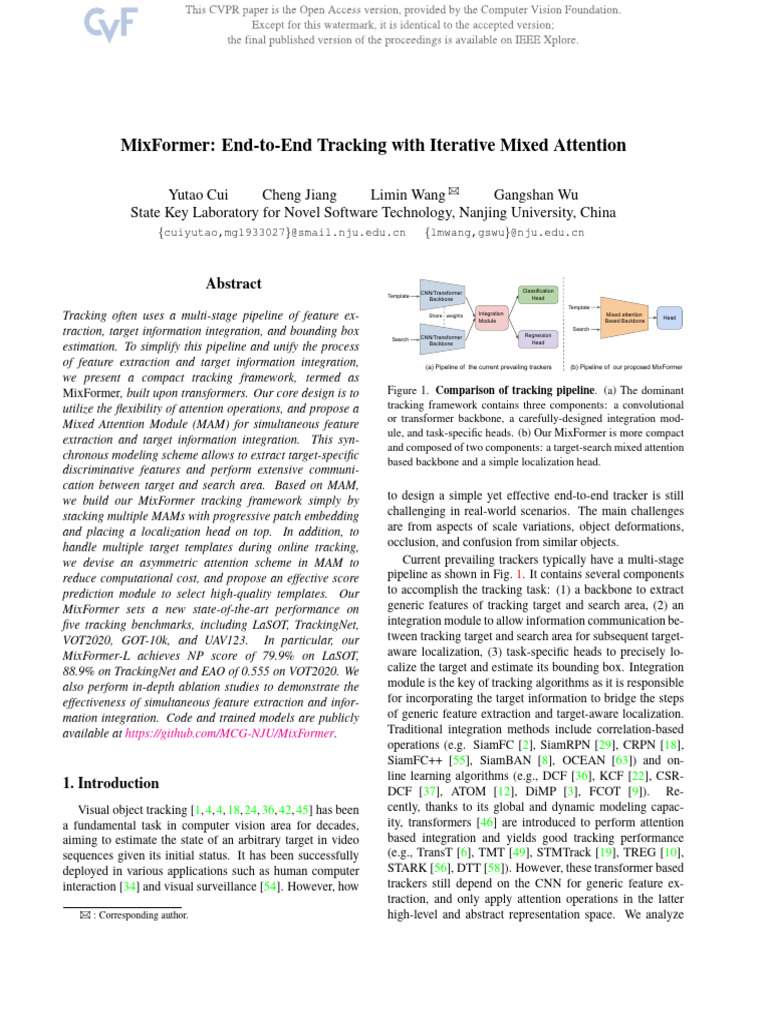 Cui MixFormer End-to-End Tracking With Iterative Mixed Attention CVPR 2022 Paper | PDF