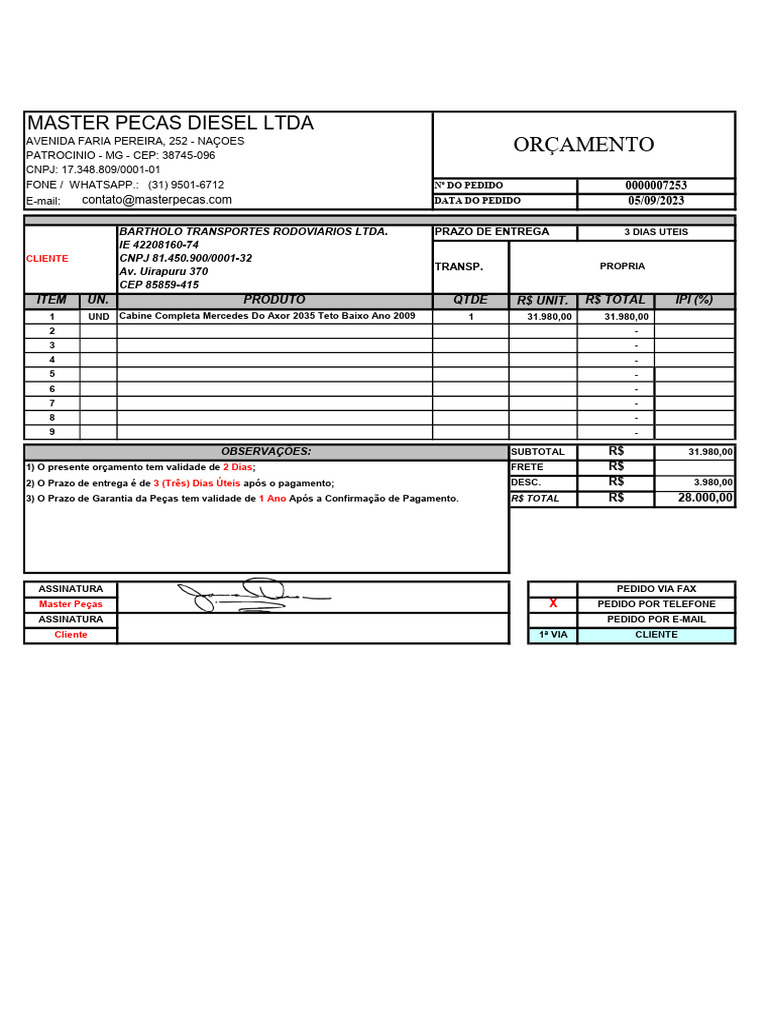 Orçamento Bartholo Transportes Rodoviários Ltda | PDF