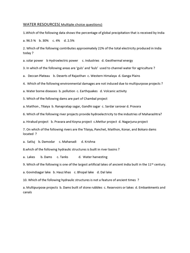 Water Resources MCQ | PDF | Travel | Technology & Engineering