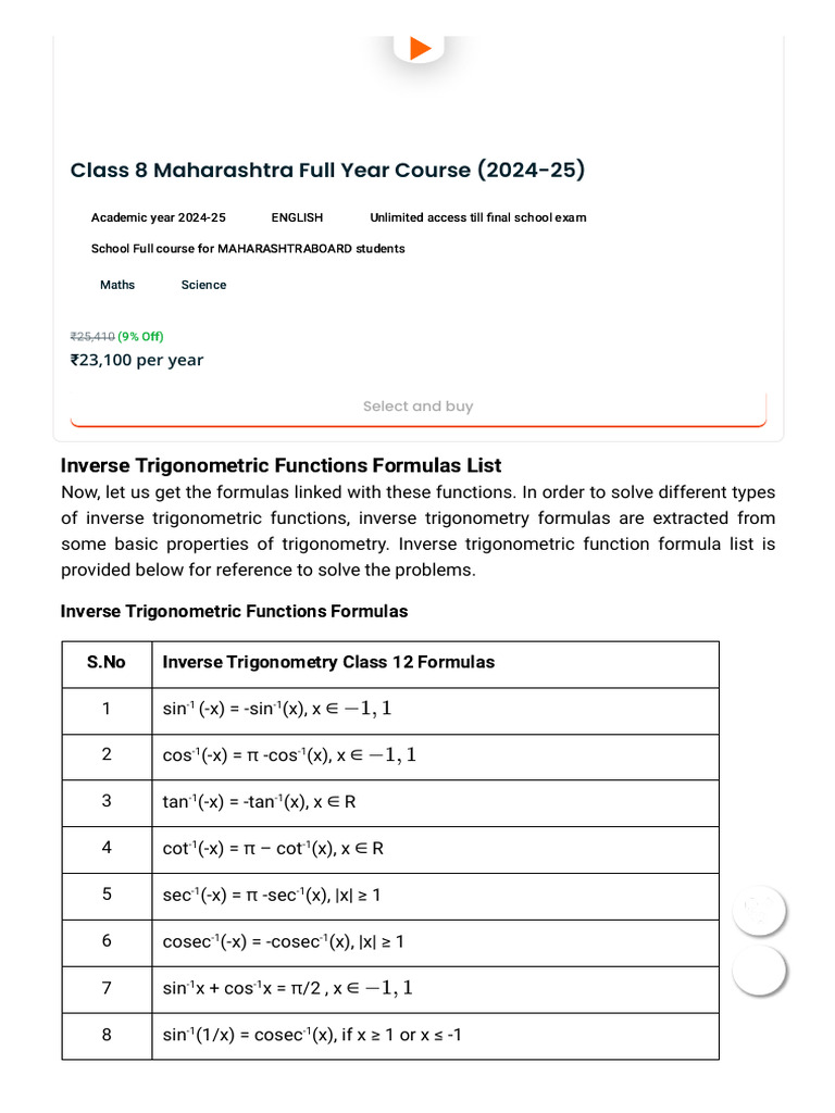 Class 12 Inverse Trigonometric Formulas | PDF | Trigonometry | Teaching ...