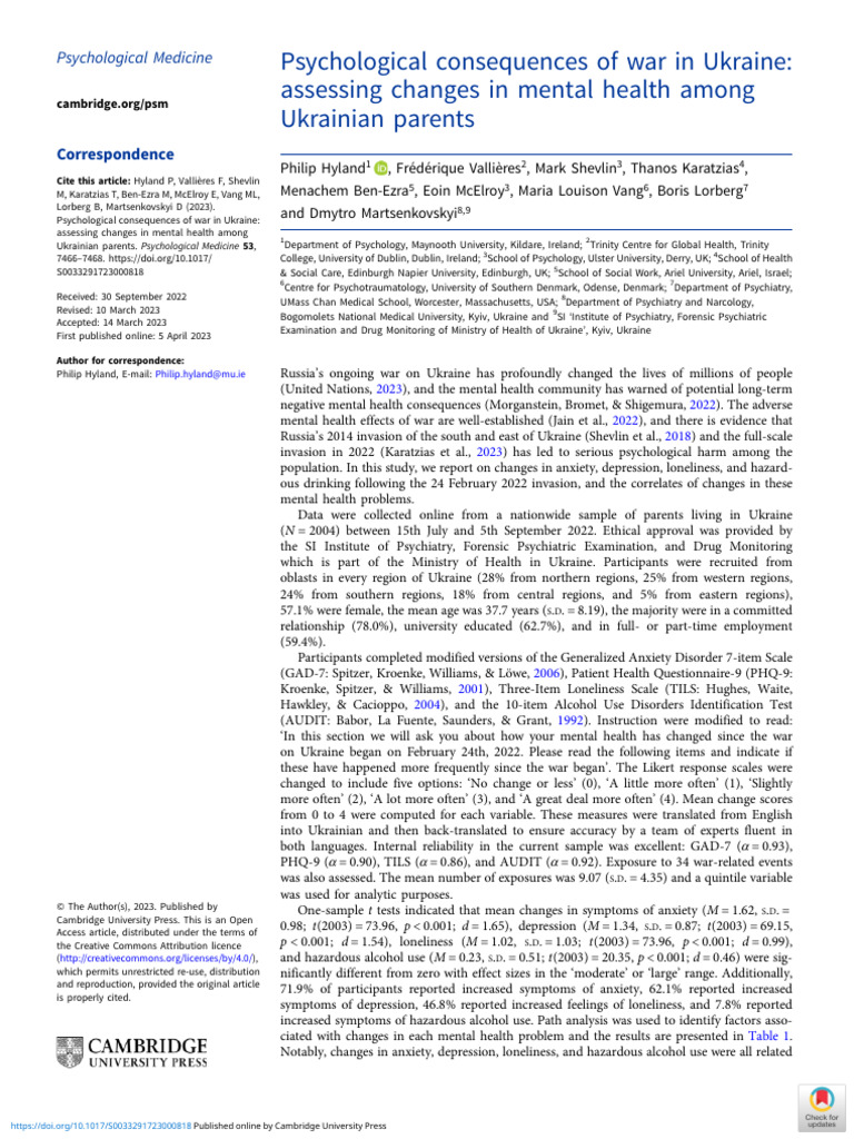 Hyland 2023 - Psychological Consequences | PDF