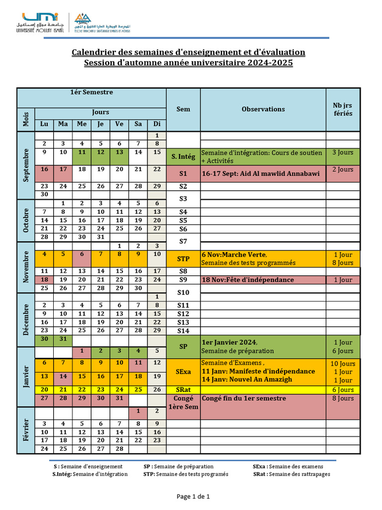 Calendrier Des Semaines D'enseignement Et D'évaluation SA 2024-25 | PDF