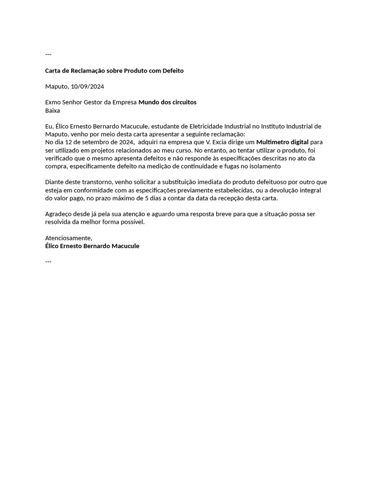 Carta de Reclamação | PDF