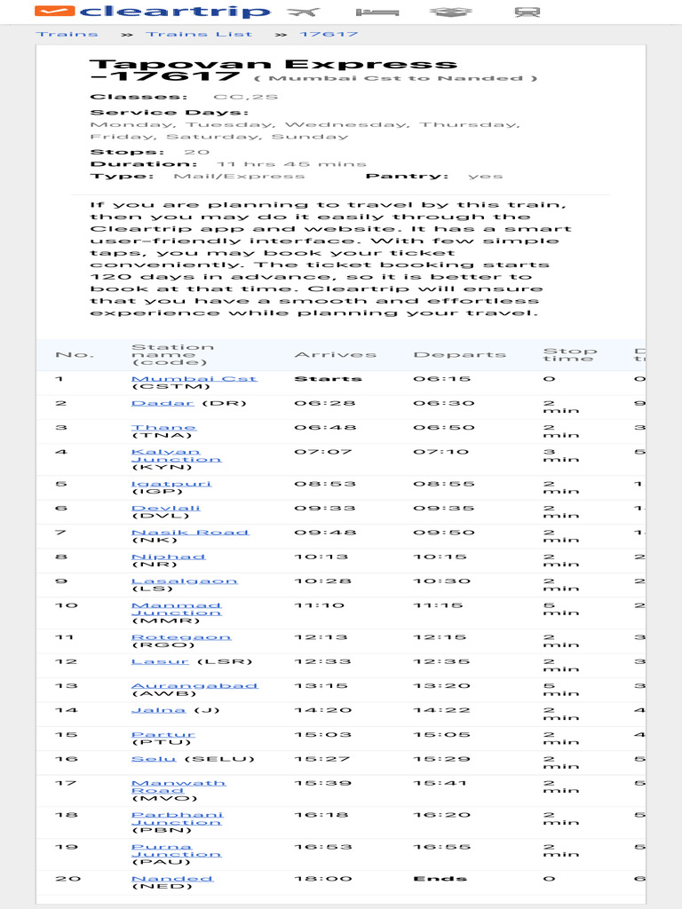 Tapovan Express (17617) - Train From Mumbai CST To Nanded Cleartrip | PDF