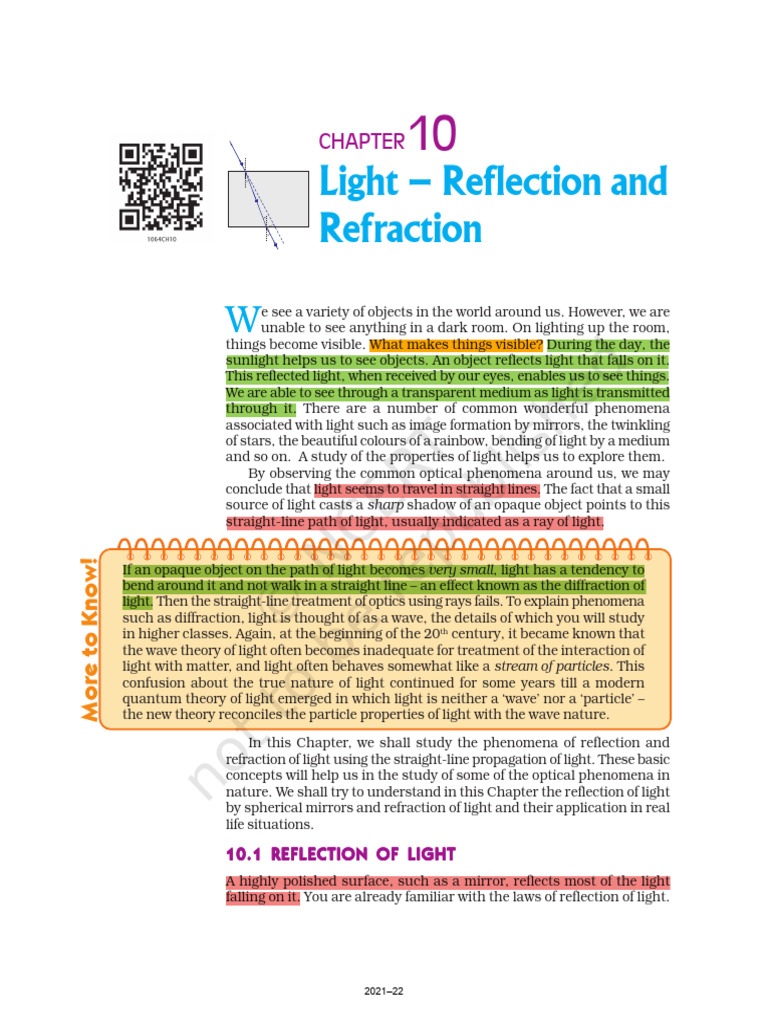 Science Chapter 10 - Light - Reflection and Refraction. | PDF