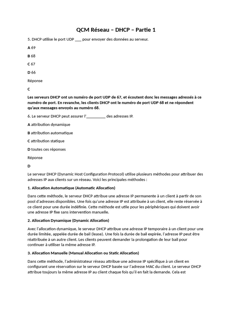 QCM Réseau - DHCP - Partie 1 À 2 | PDF