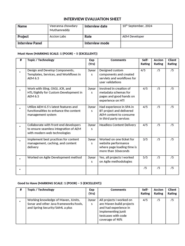 AEM Developer - Evaluation Sheet and Interview Feedback | PDF