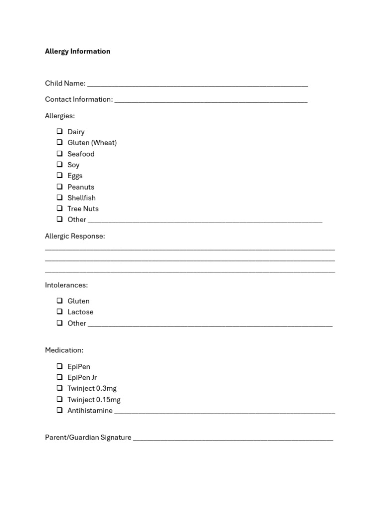 Food Allergy Form | PDF | Self-Improvement | Wellness