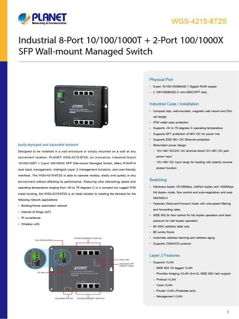 Industrial 8-Port 10/100/1000T + 2-Port 100/1000X SFP Wall-Mount Managed Switch | PDF