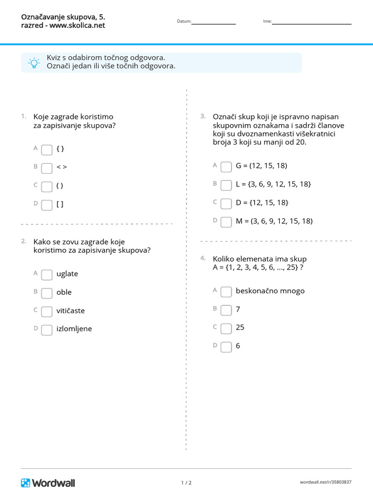 Skupovi Ispit 5 Razred Matematika 1 | PDF