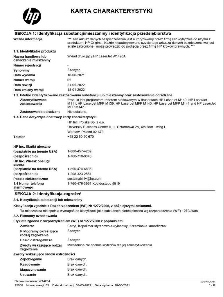 Toner HP 142A W1420A Czarny Karta Charakterystyki | PDF